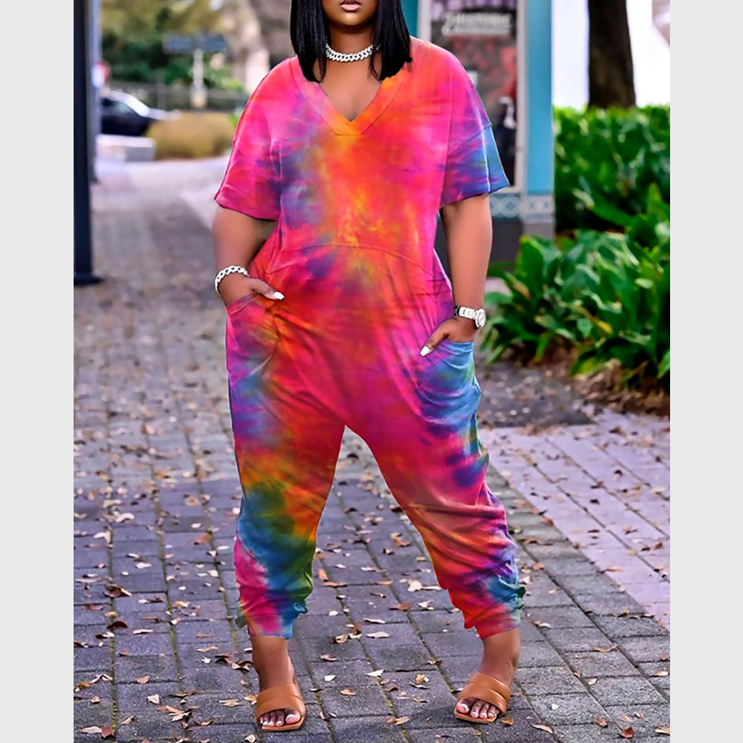 Tie Dye Print Pocket Design Short Sleeve Jumpsuit | E'KLECTIK MODE